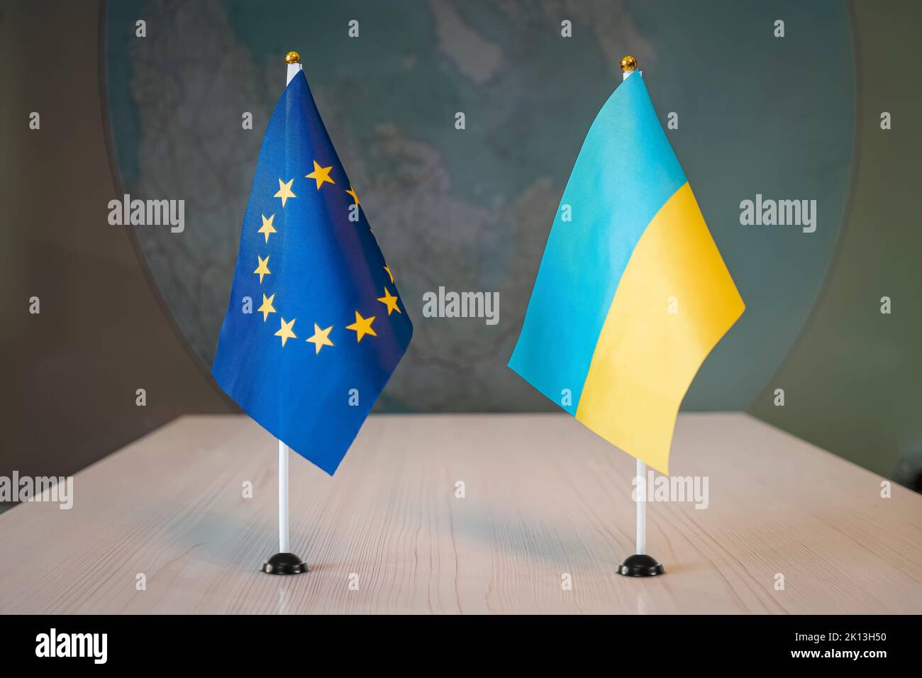 Political flags of Ukraine and European Union.. concept of negotiations ...
