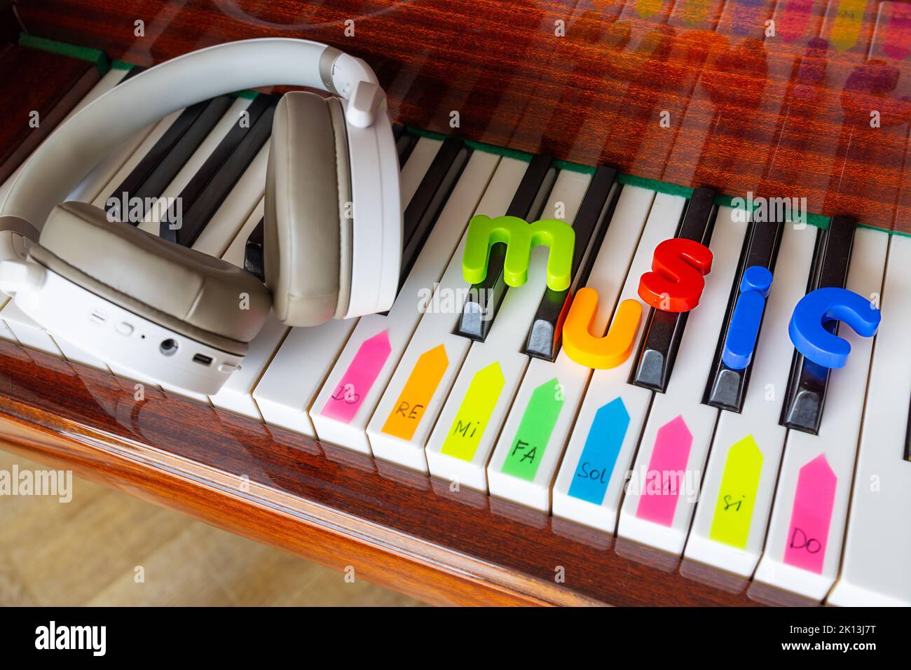 Poster with the word music. letters, musical notes and headphones on ...