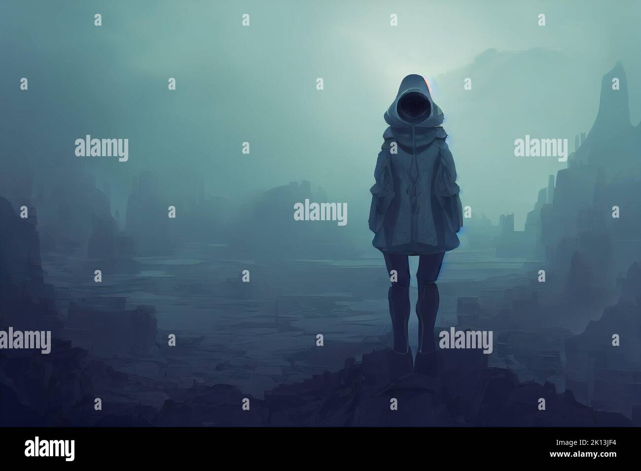 A character in an alien landscape, future scape abstract science ...