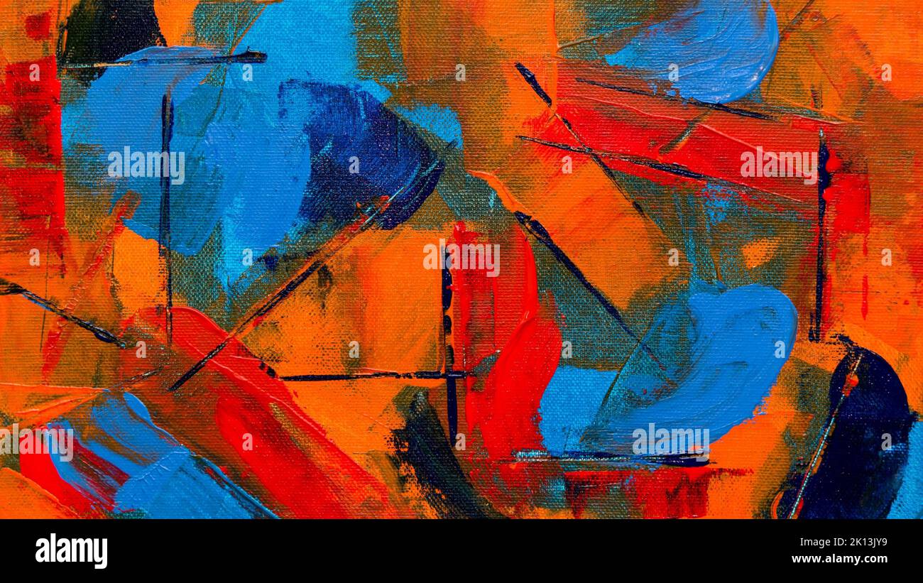 An abstract painting in orange blue and red colors for background and ...