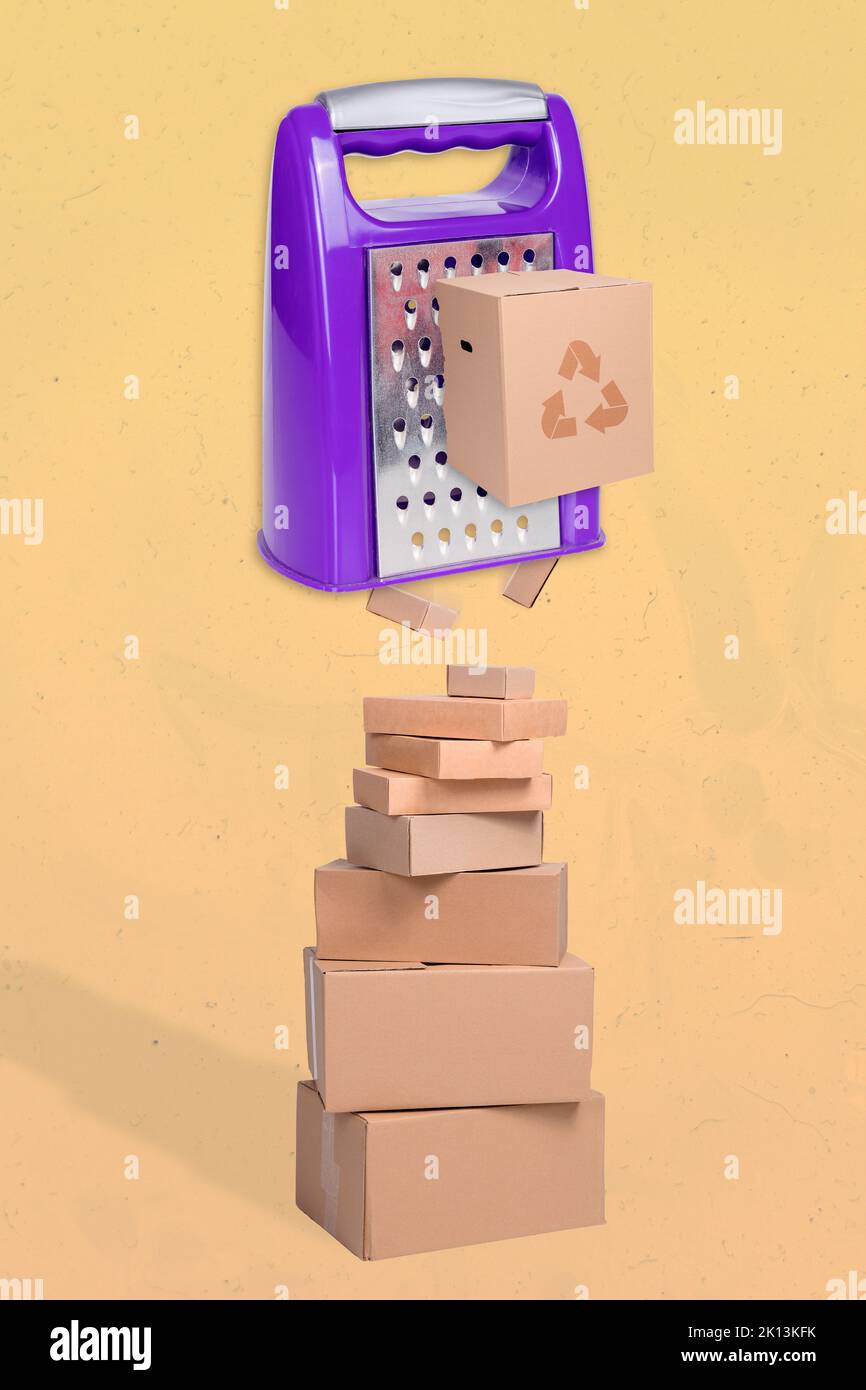 Vertical collage illustration of steel grater pile stack recycle carton ...