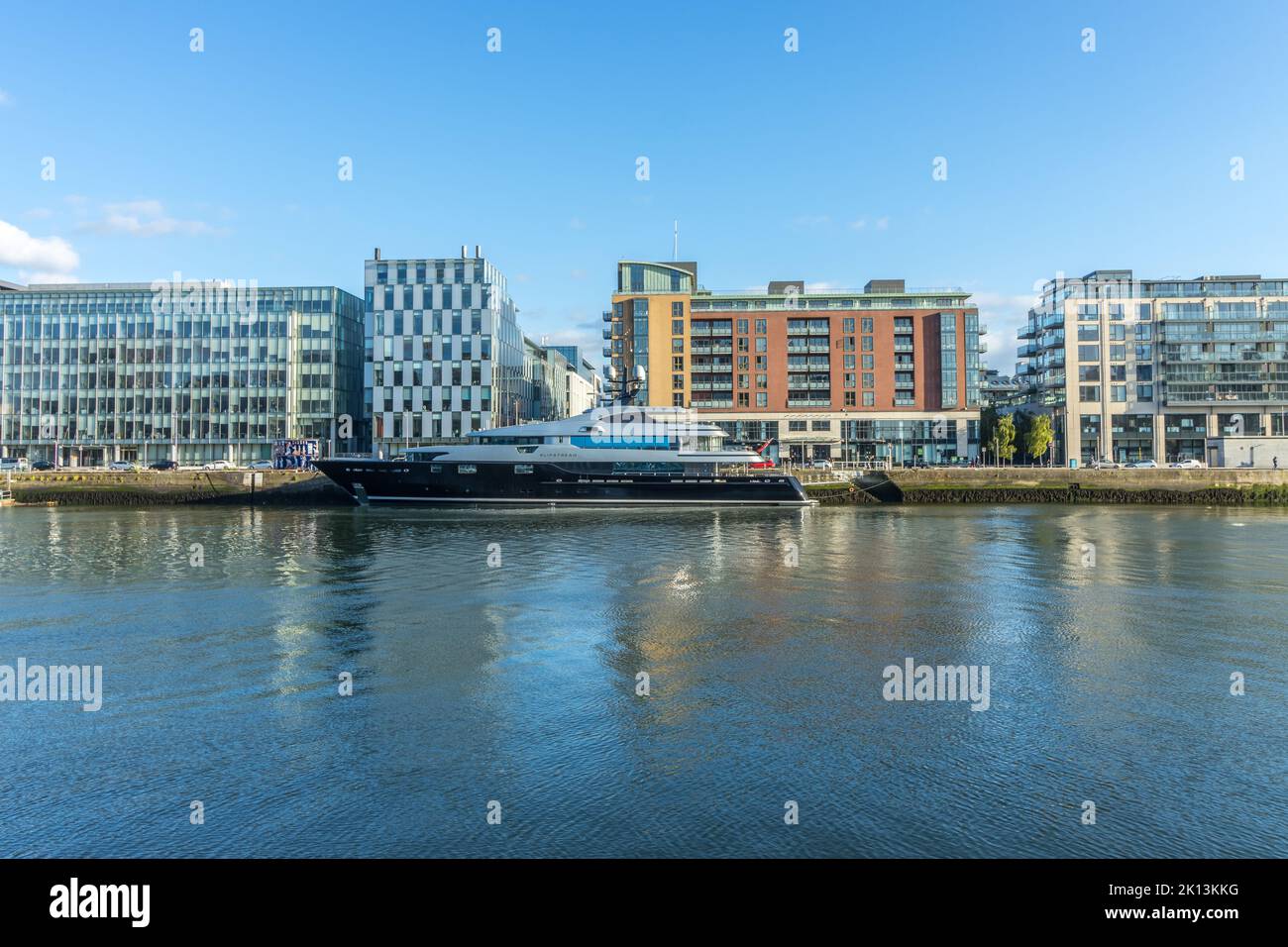 The scenic view of Dublin Docklands on the bank of the River Liffey ...