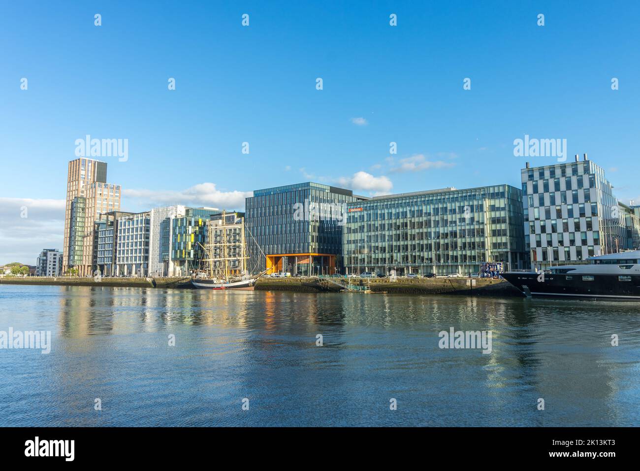 The scenic view of Dublin Docklands on the bank of the River Liffey ...