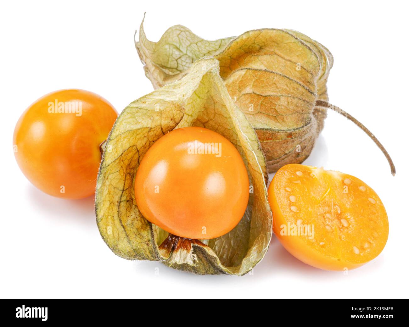 Ripe physalis or golden berry fruits in calyx isolated on white ...