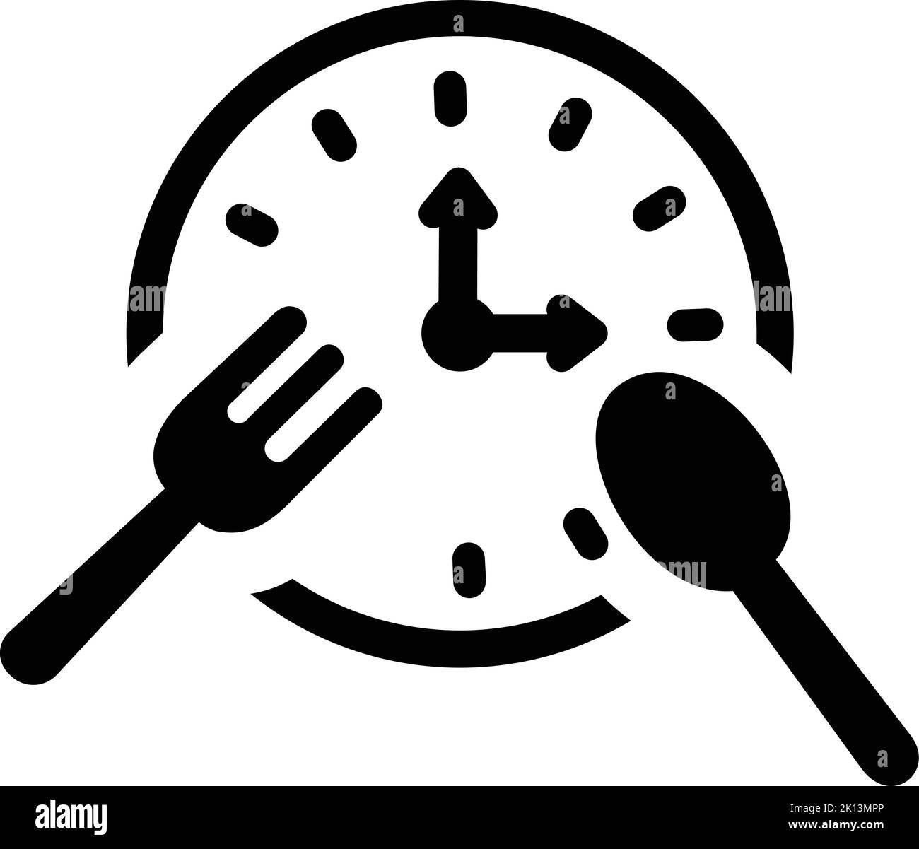 A digital black and white vector of a lunchtime sign with a clock, fork ...