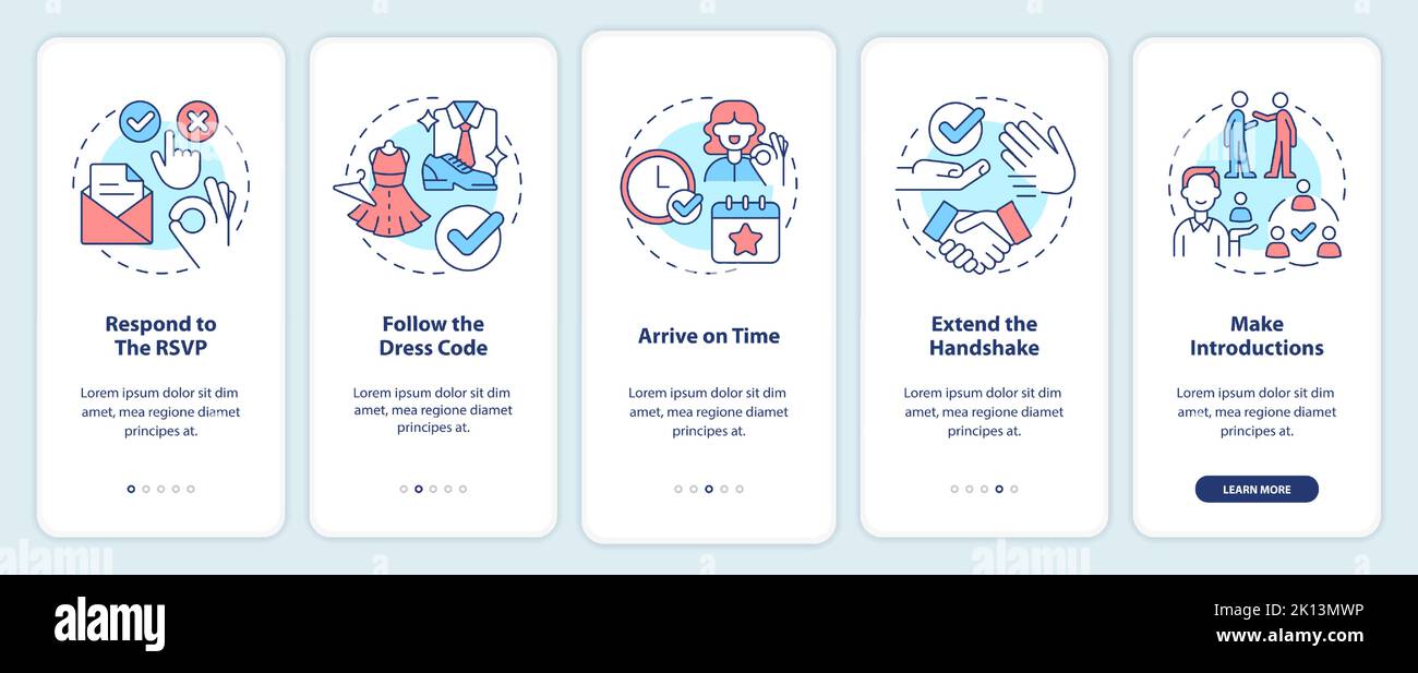 Common business event etiquette rules onboarding mobile app screen ...
