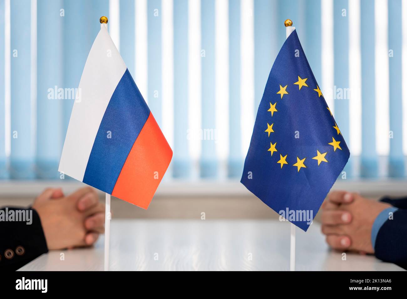 flags of Russia and European Union. international negotiations ...