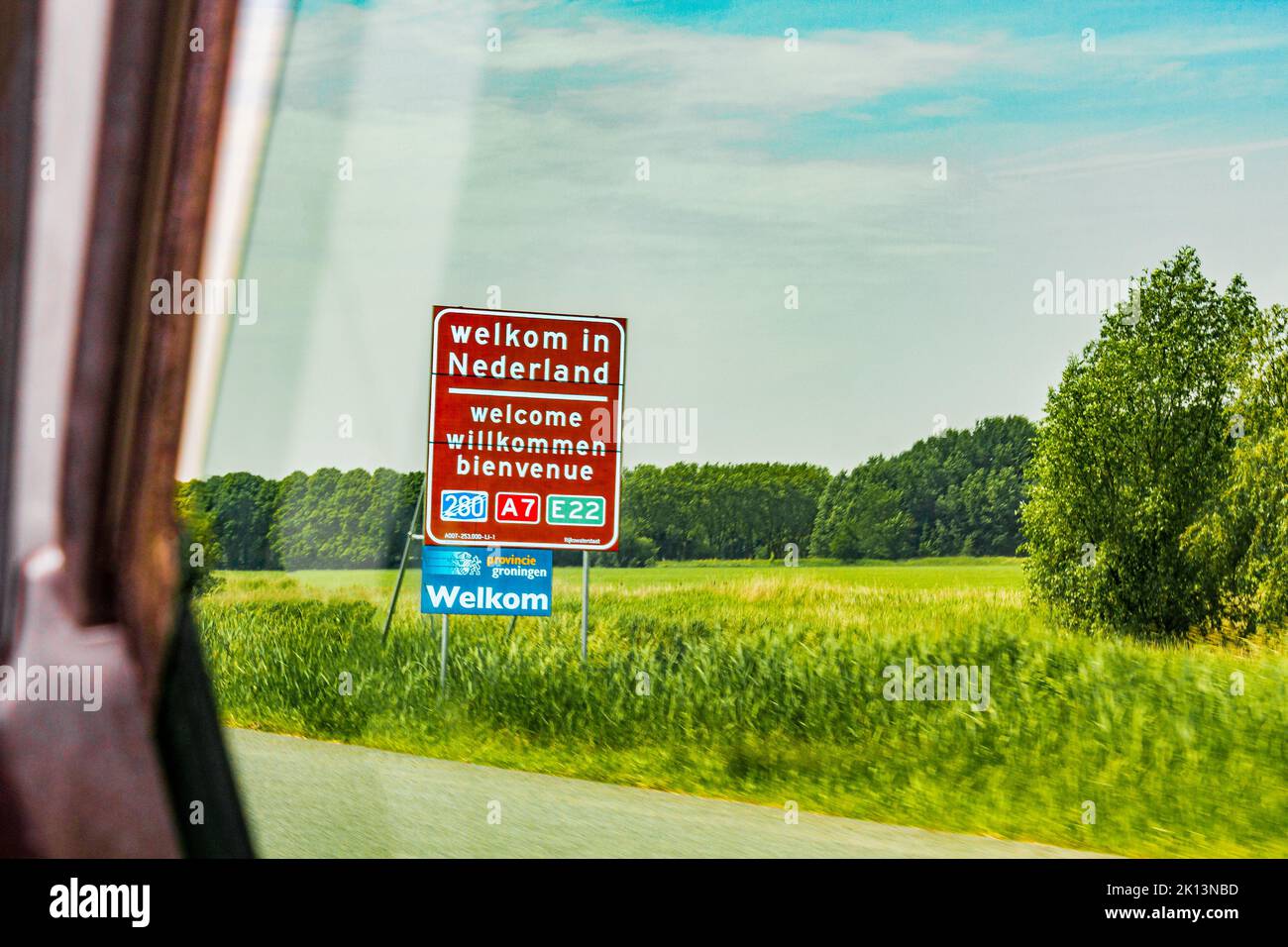 Groningen Netherlands 18. June 2013 Brown road sign at the highway ...