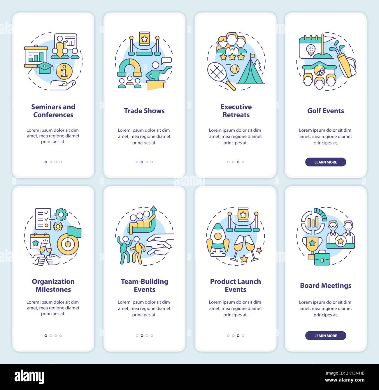 Types of corporate events onboarding mobile app screen set Stock Vector Image & Art - Alamy