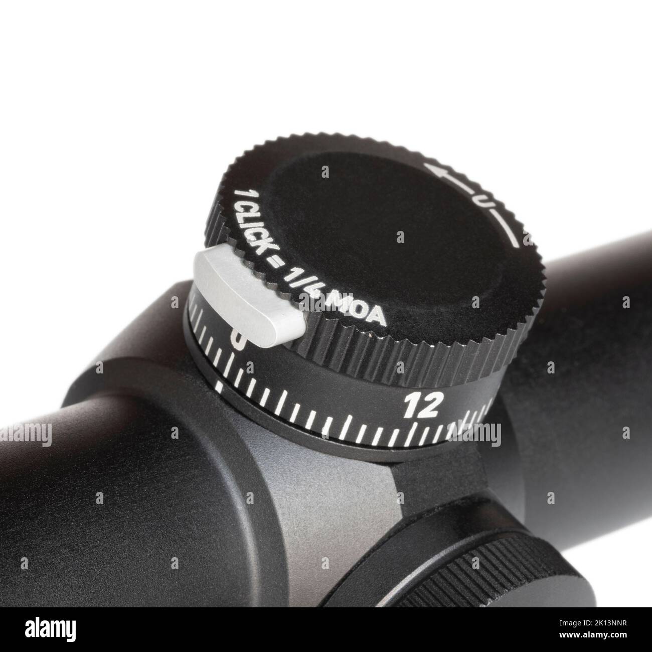 Dial to adjust elevation on an optic for a rifle isolated on white ...