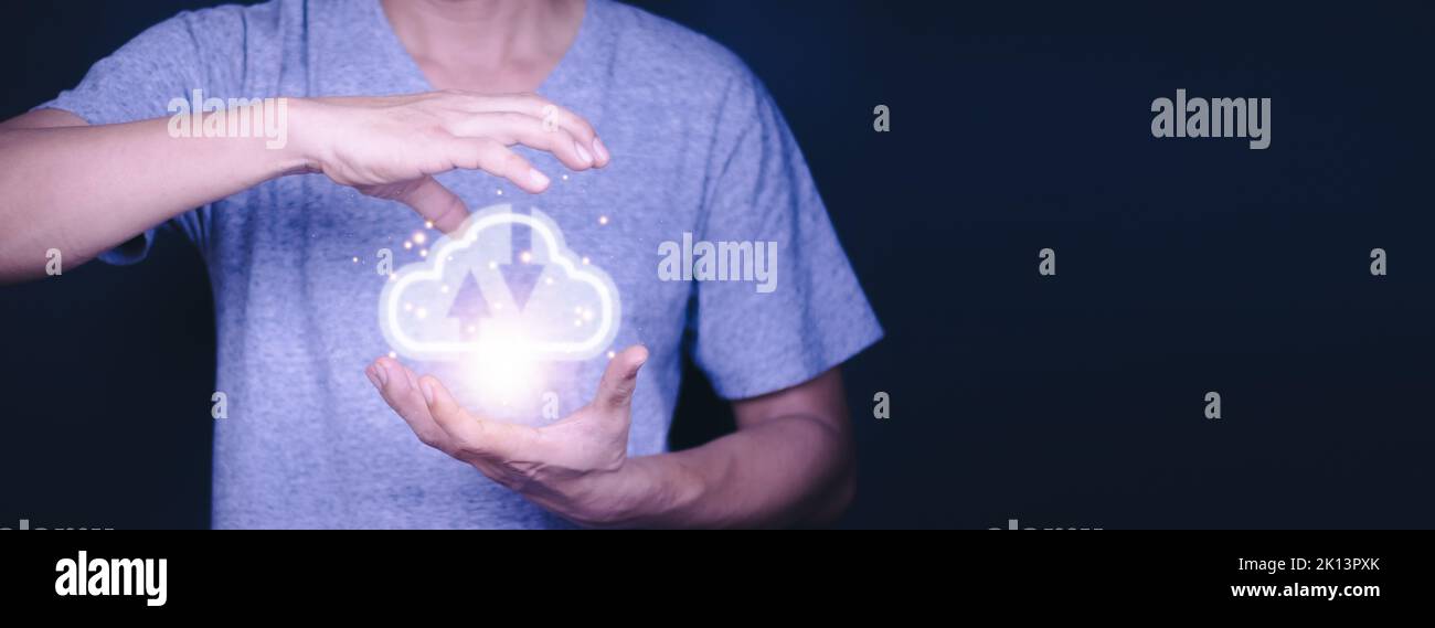 Man holding virtual cloud computing on hand with connection line.Cloud ... Man holding virtual cloud computing on hand with connection line.Cloud ...