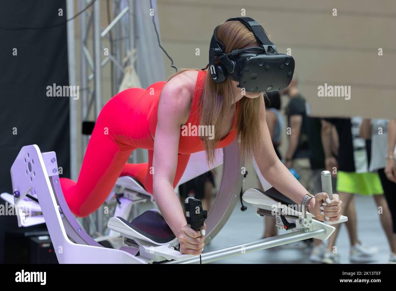 Girl with Virtual Reality Visor Facing Immersive Experience with Floating Body Gear Stock Photo ...