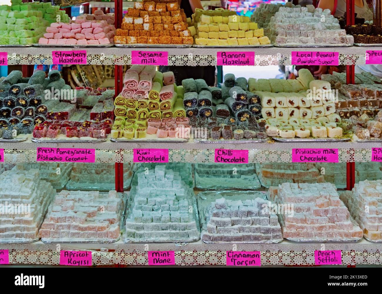 Stand full of colorful delicious Turkish delight and candies Stock ...