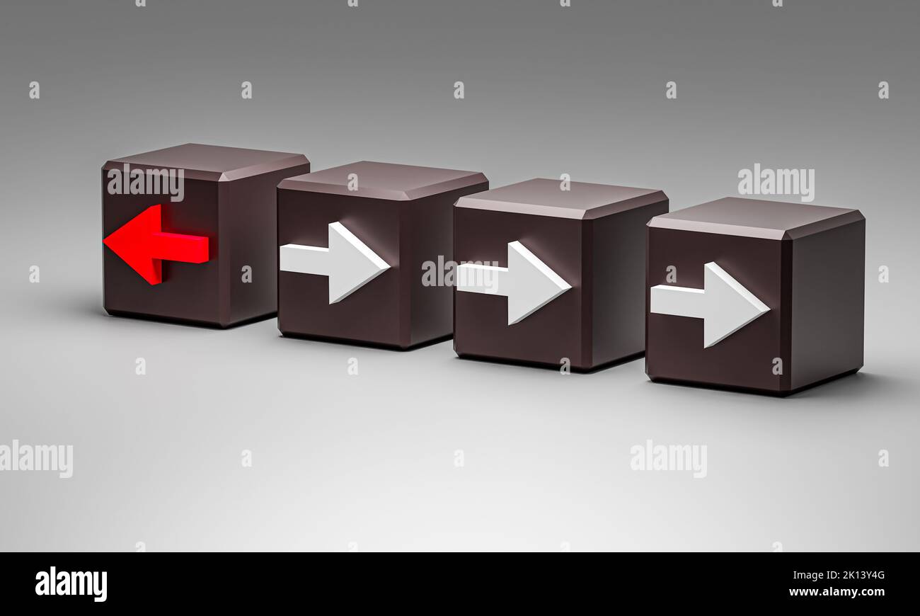 Concept of individuality. Cubes with arrows. One cube with a red arrow, the others with a black ...