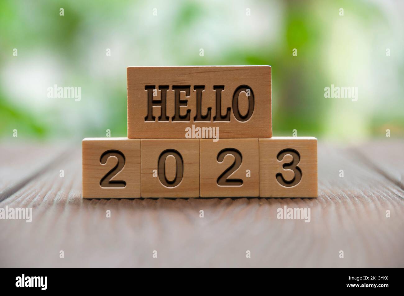 Hello 2023 text engraved on wooden blocks with blurred park background ...