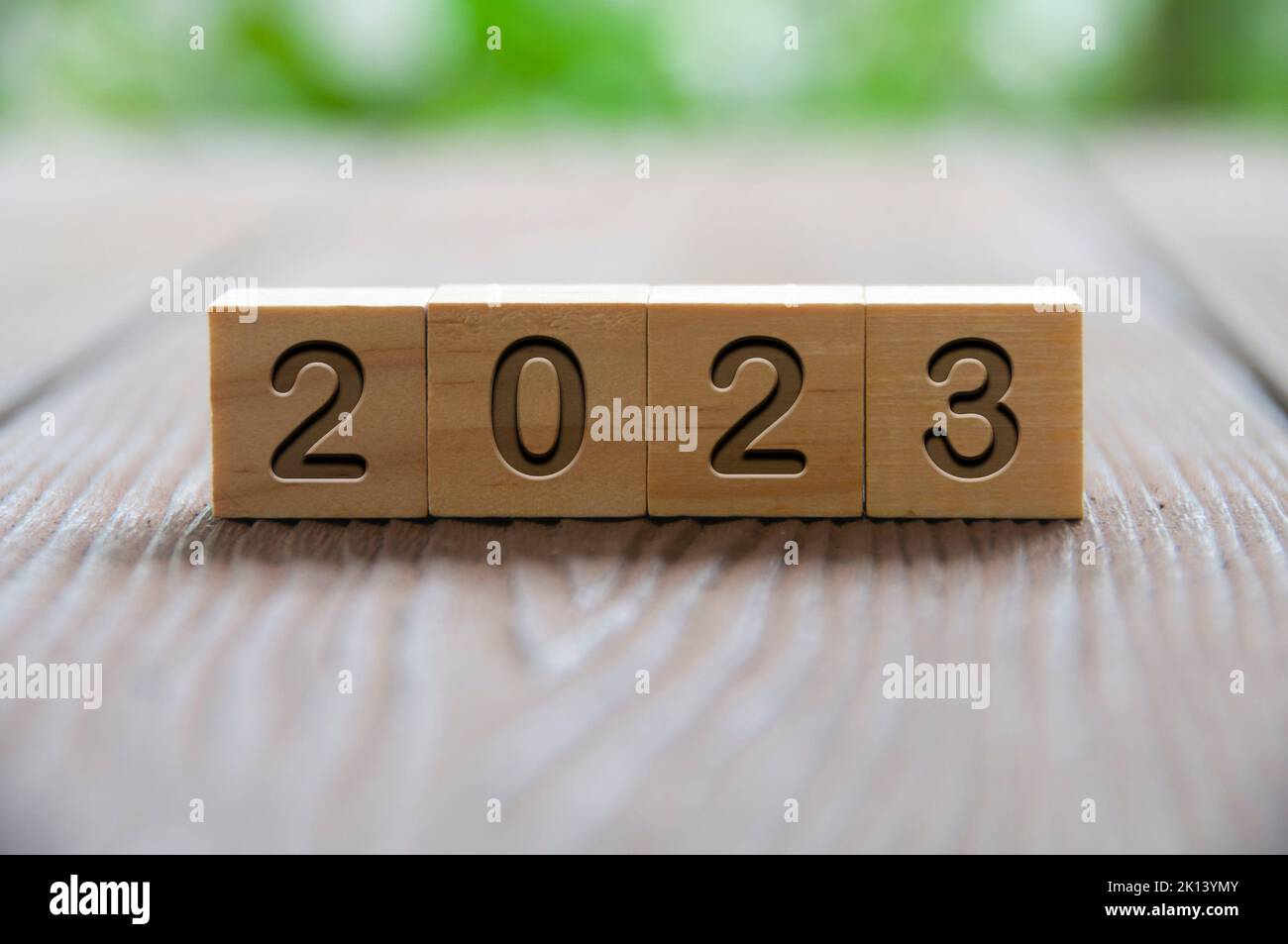 2023 text engraved on wooden blocks with blurred park background. New ...