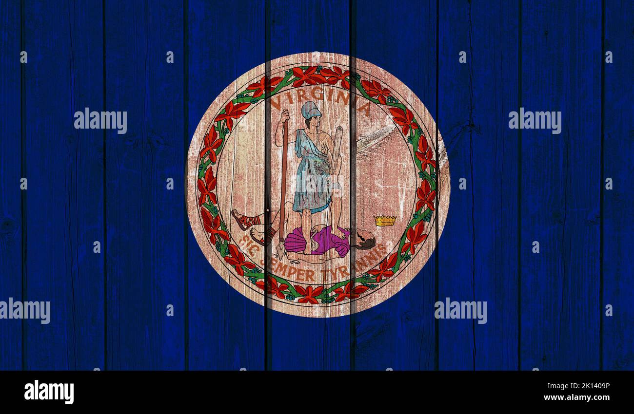 Top view of Old Painted Flag of Virginia state, USA on Dark Wooden ...