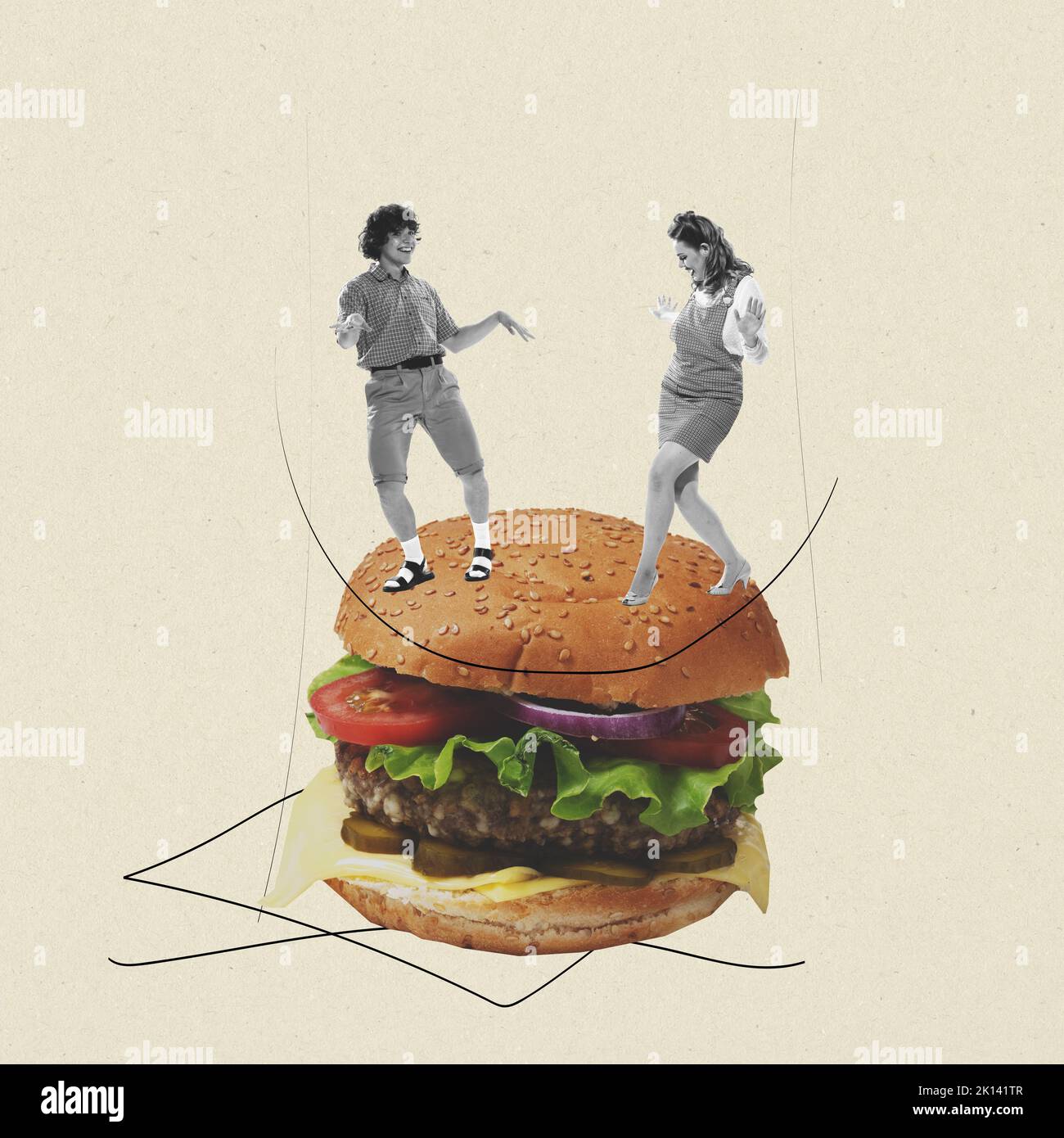 Contemporary art collage. Cheerful young people dancing on big ...