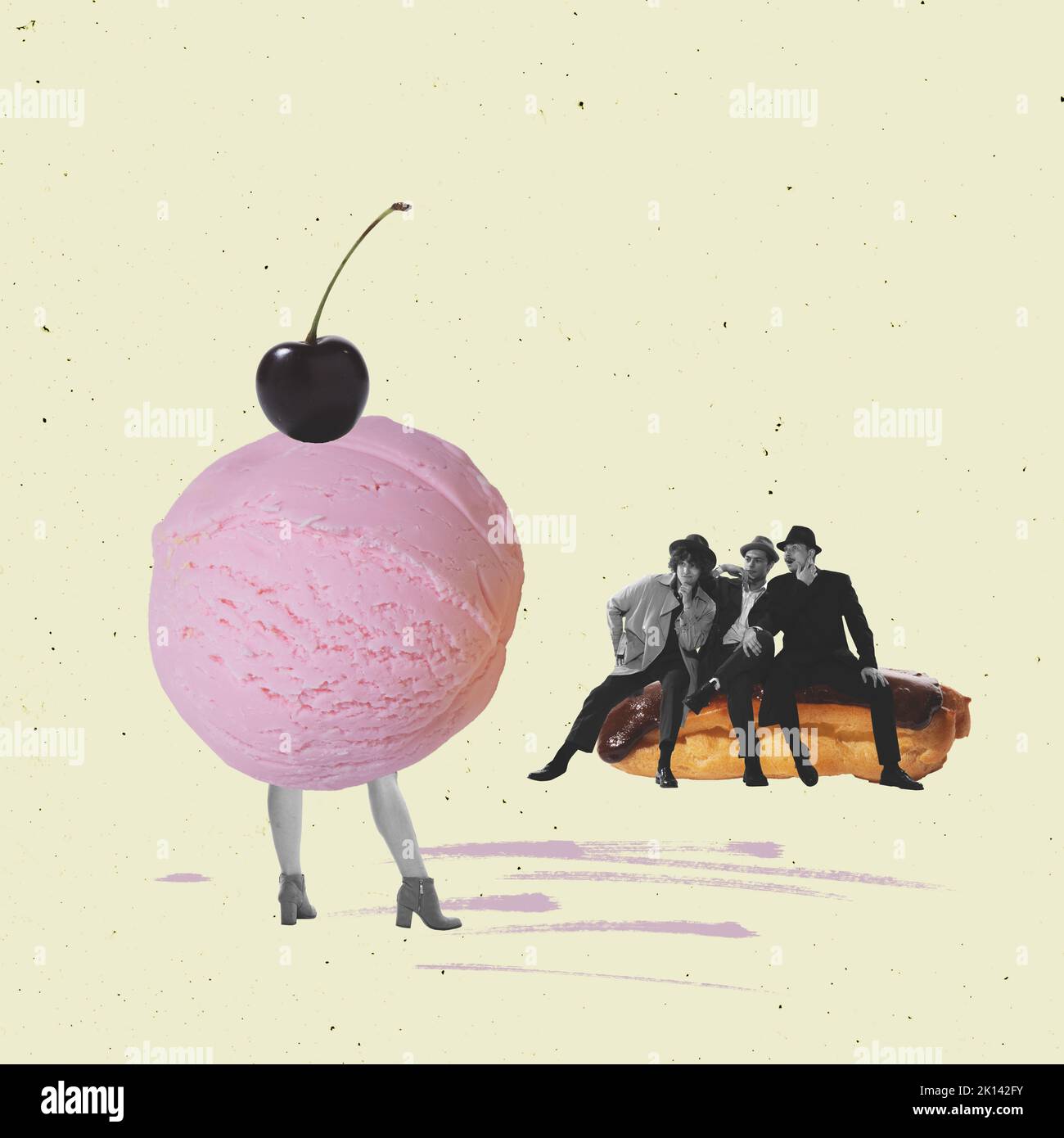 Contemporary art collage. Group of young men sitting on chocolate ...