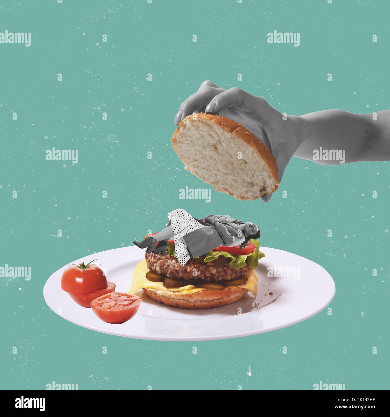 Contemporary art collage. Young girl lying, sleeping on delicious ...