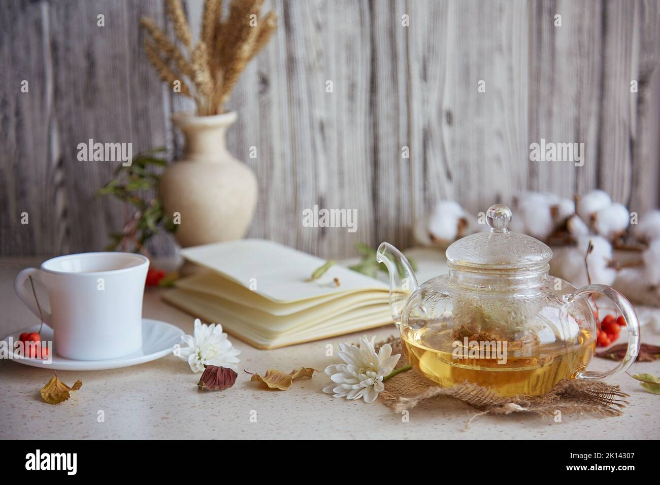 Aesthetic herbal linden tea in teapot with cup of tea. Wheat, leaves ...