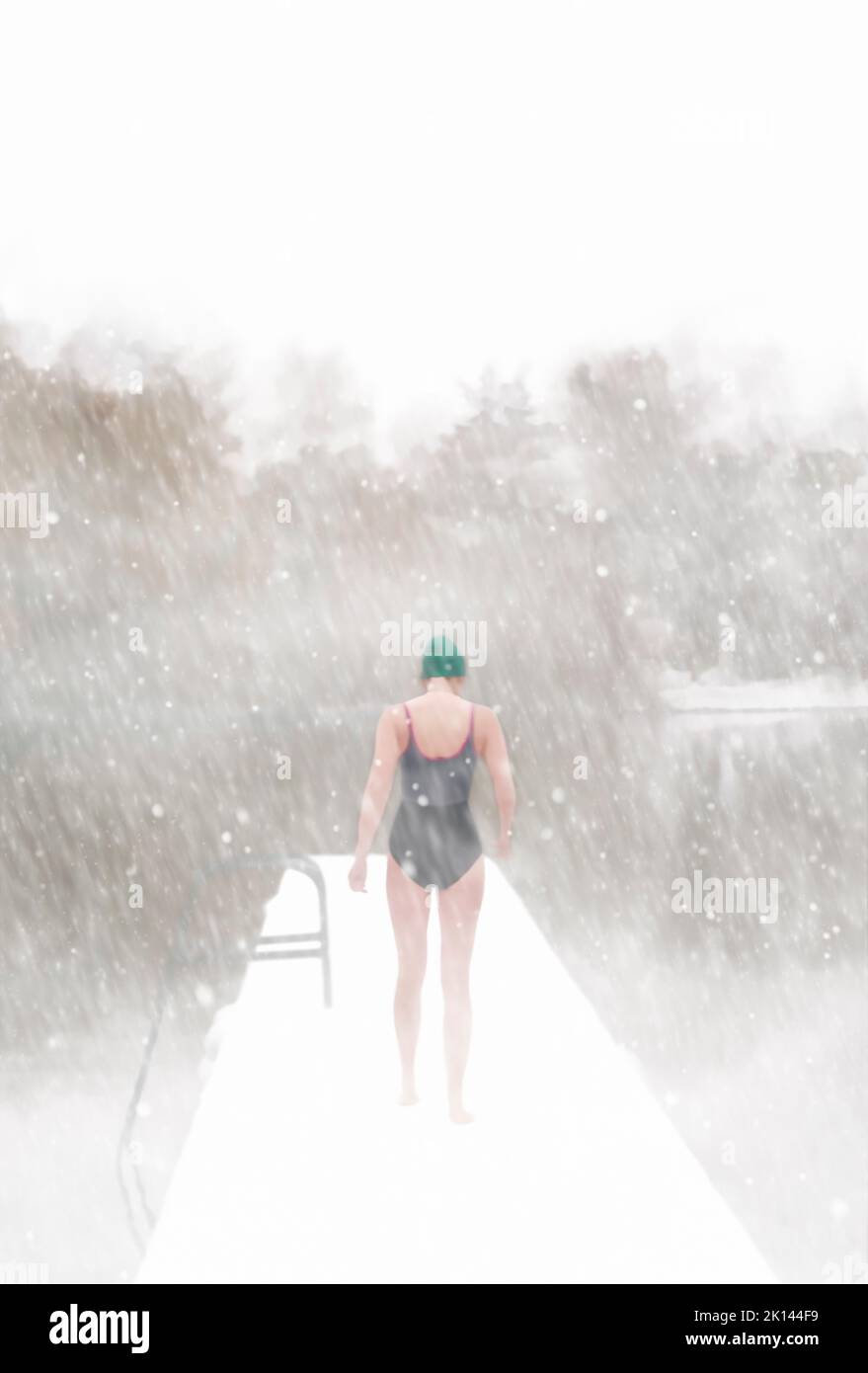 Illustration of a woman on a frozen jetty braving snow, ice and fog to ...