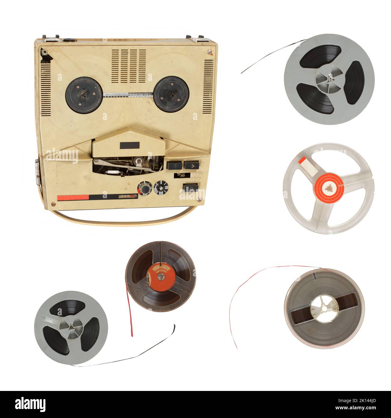 Vintage recorder and magnetic tape isolated on white background Stock ...