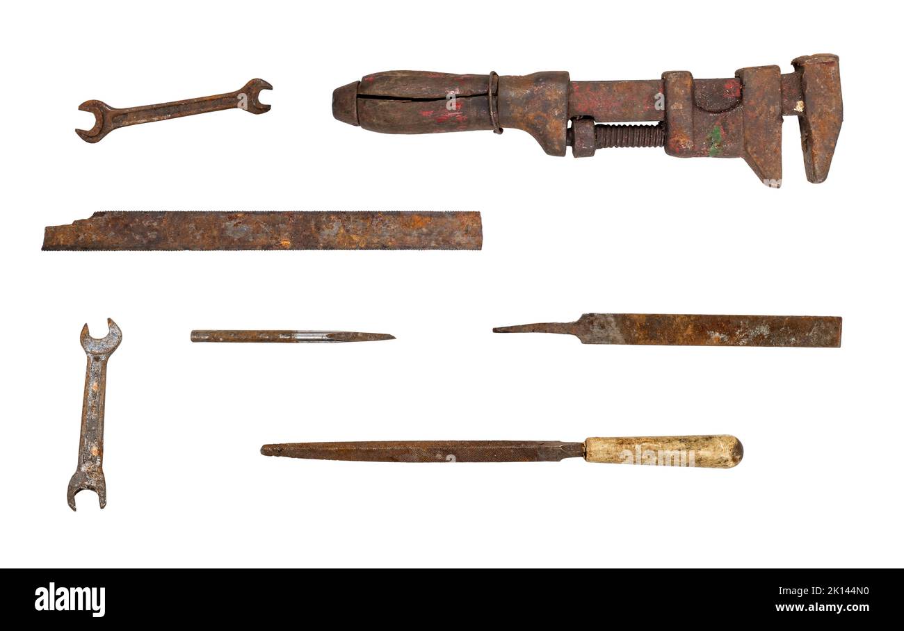 Collection of used tools isolated on white background Stock Photo - Alamy
