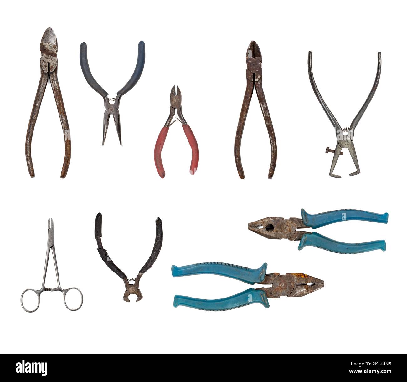 Collection of used pliers isolated on white background Stock Photo - Alamy