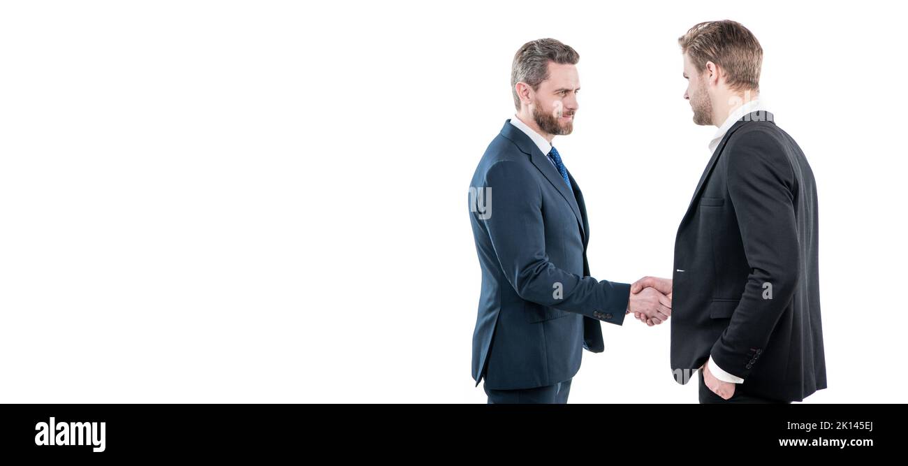 Man face portrait, banner with copy space. two men shaking hands ...