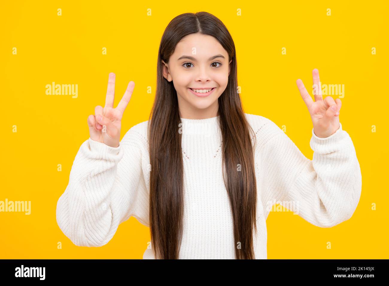 Cute Teen Girl Showing Fingers Doing Victory Sign Number Two V Sign