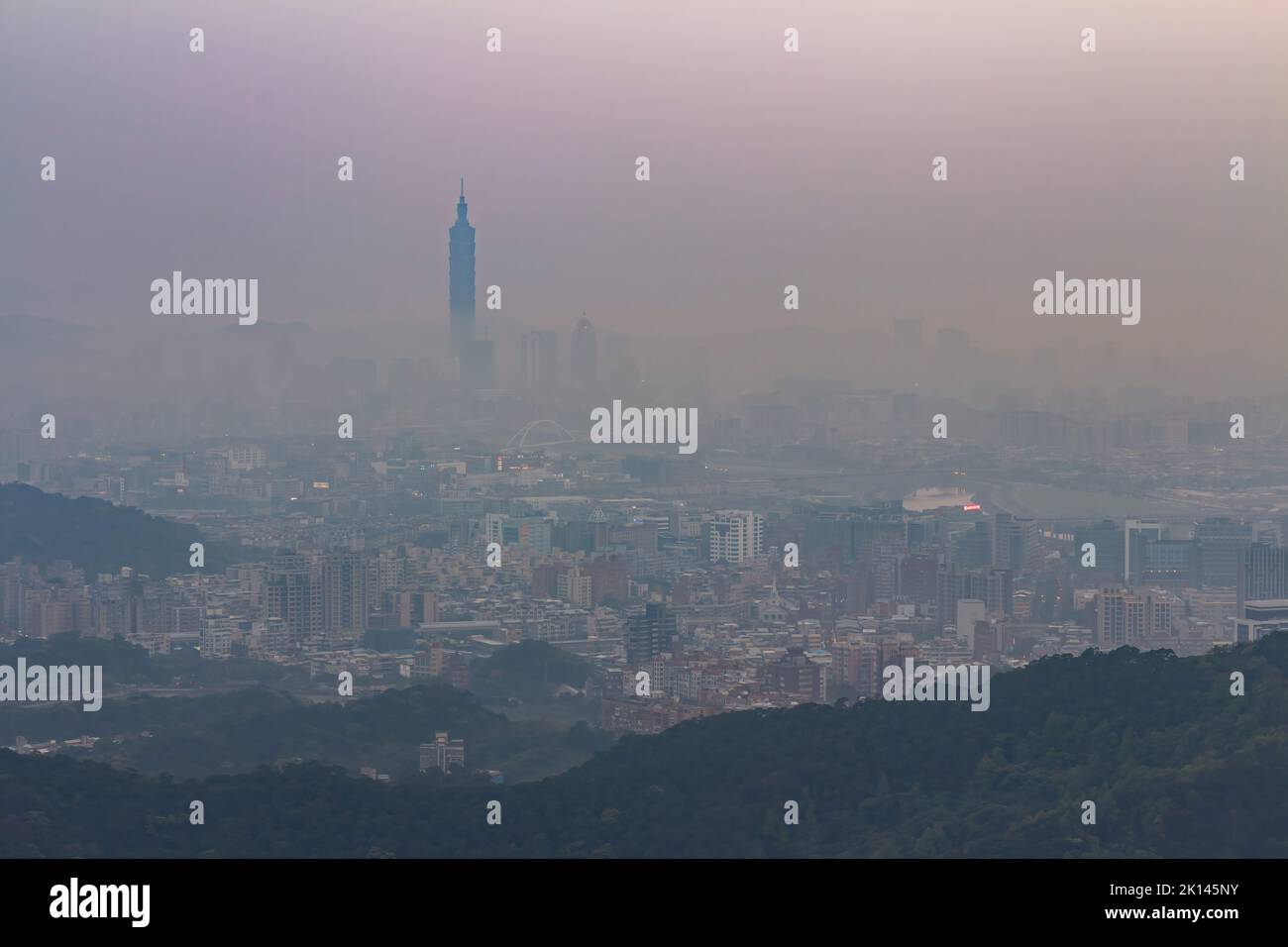 Sunset aerial view of the Neihu District cityscape from Bishanyan at ...