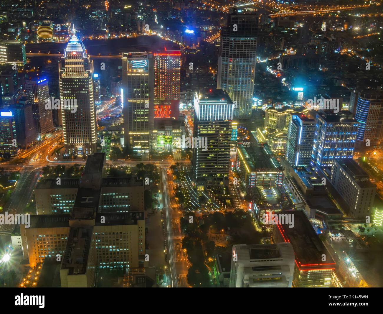 Night aerial view of the Xinyi District cityscape at Taipei, Taiwan ...