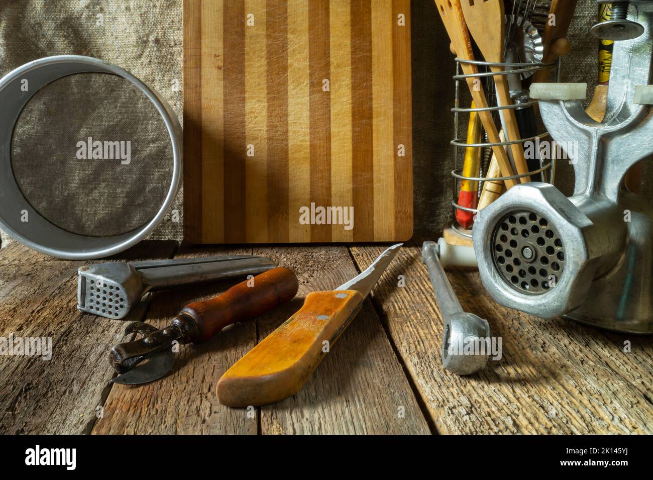 Still life of kitchen utensils. Old appliances for working in the ...