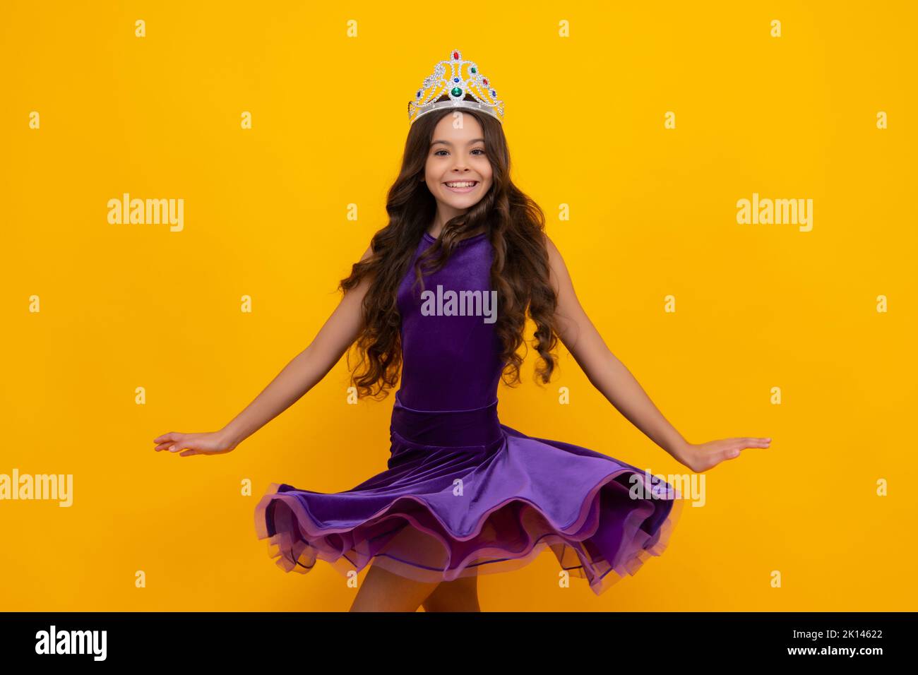 Movement windy dress. Child princess crown on isolated studio ...