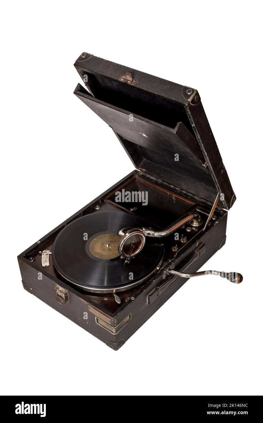 Gramophone with a vinyl record isolated over white background Stock ...
