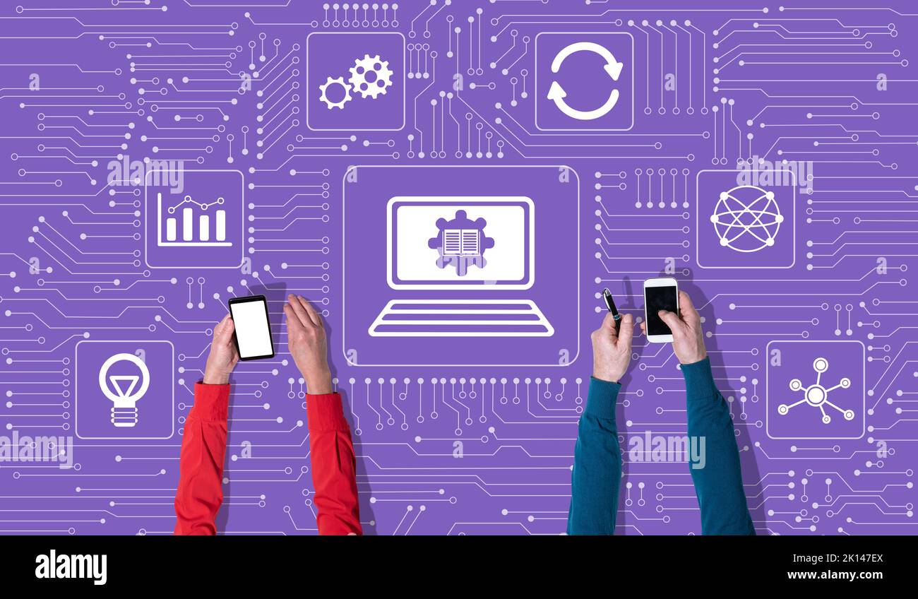 Top view of hands using mobile phone with symbol of lms concept Stock ...