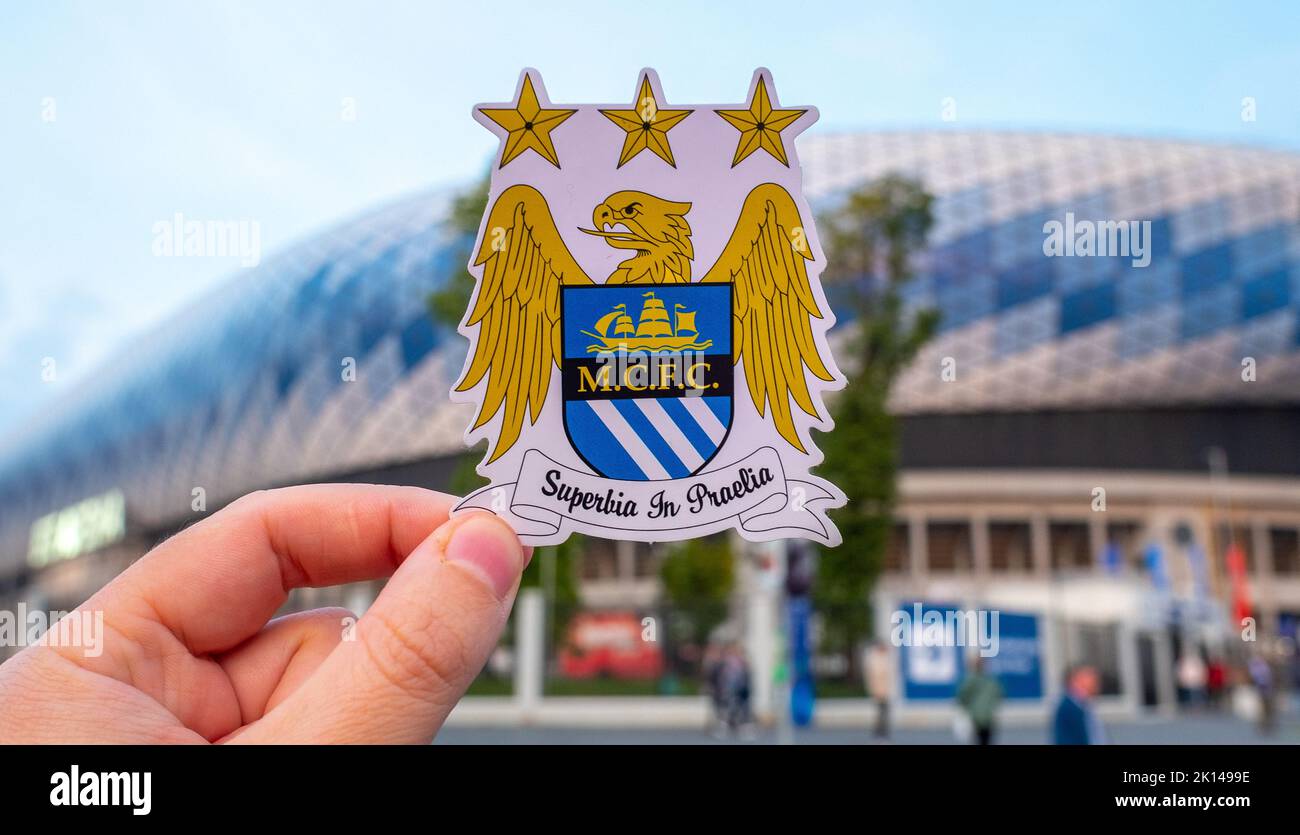 August 30, 2021, Manchester, United Kingdom. The emblem of the ...
