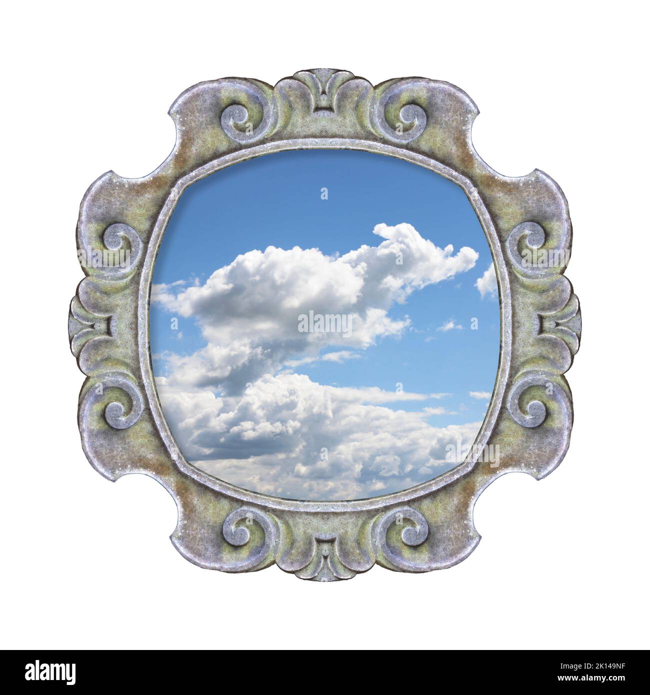 Old carved stone frame with the sky in the middle on white background ...