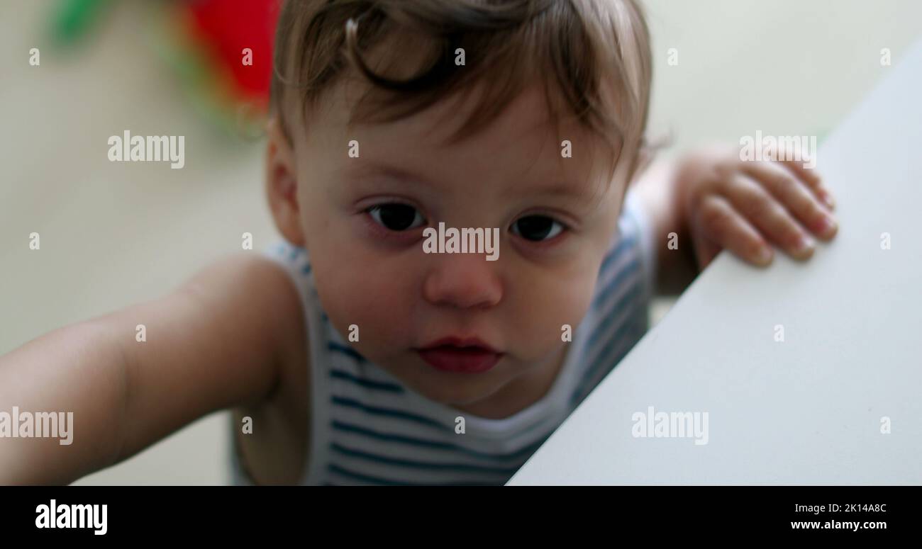 Cute baby toddler learning to stand holding into parent leg, infant one year old development ...