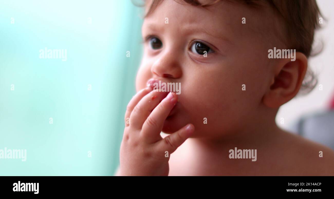 Cute baby grabbing food eating, feeding infant boy child portrait face ...