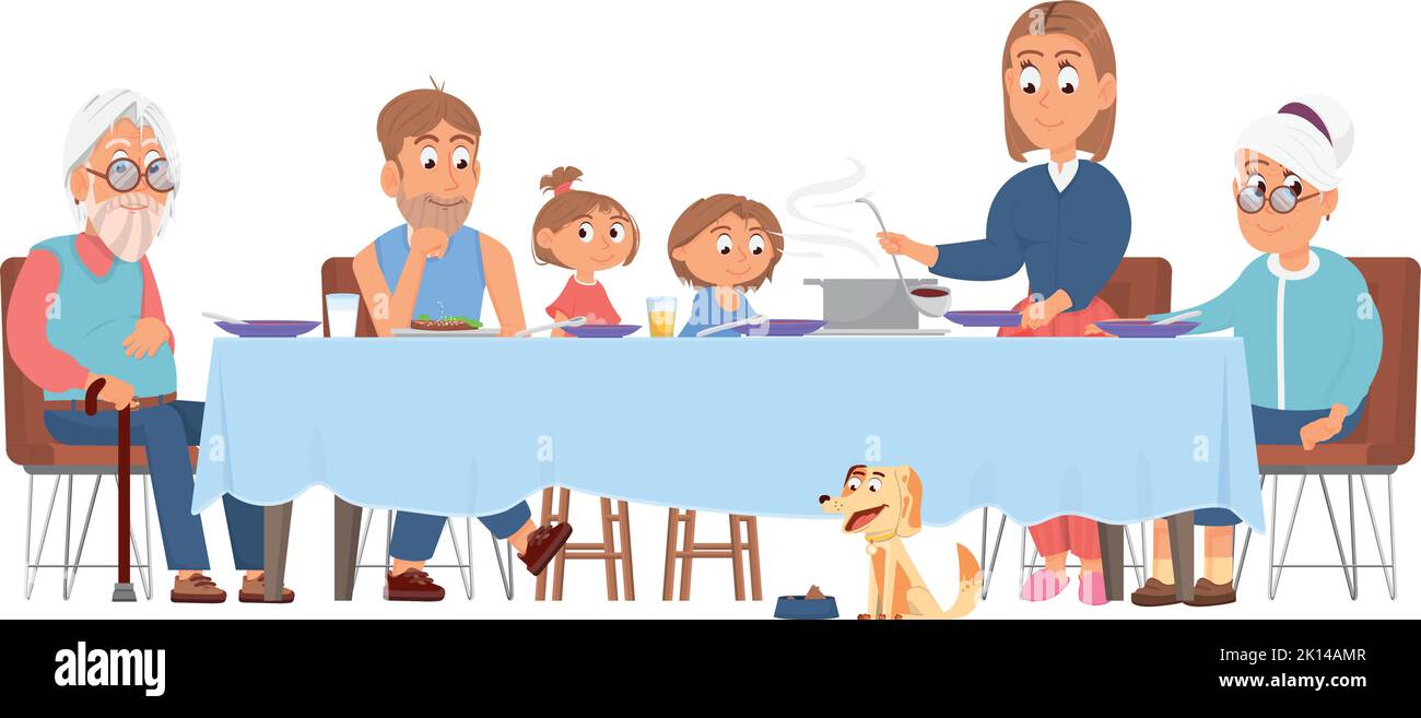 Family dinner. Cartoon people different generations eating together ...