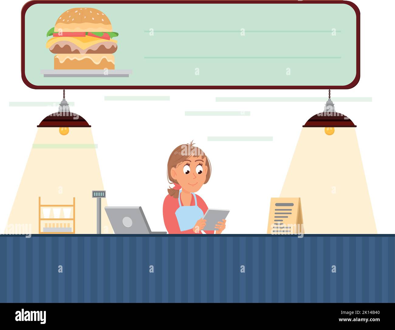 Fast food cafe interior. Takeaway restaurant service worker Stock ...