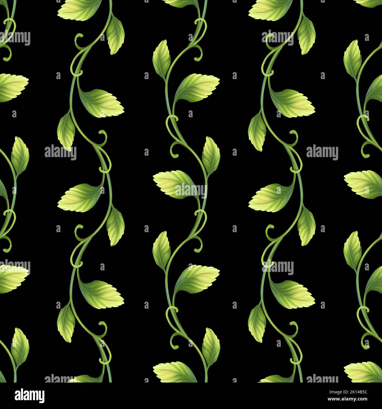 Seamlee vertical pattern of green leaves on black background Stock ...
