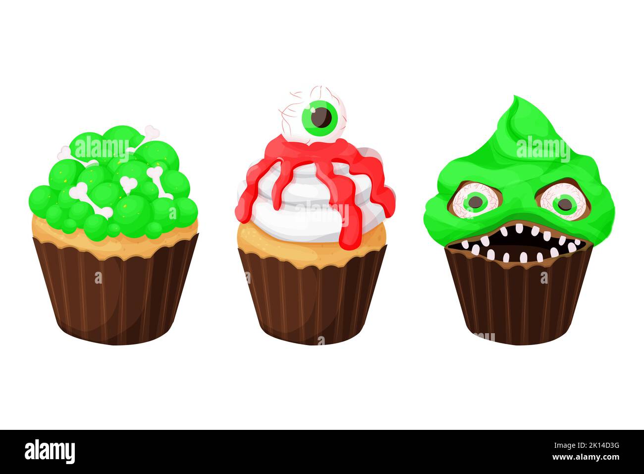 Set Cupcake Halloween monster dessert with scary face, teeth, eyes in ...