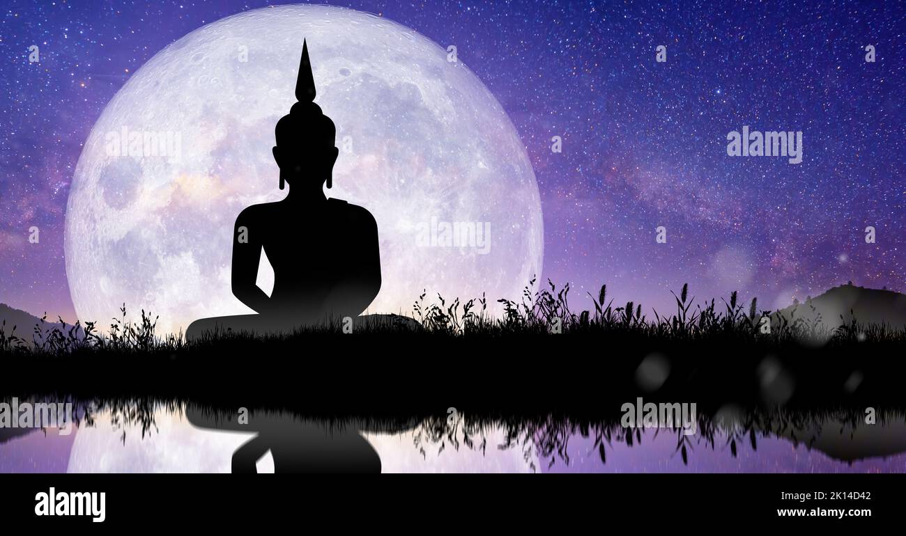 Silhouette of Buddha mediating with Full moon light at night. Magha ...