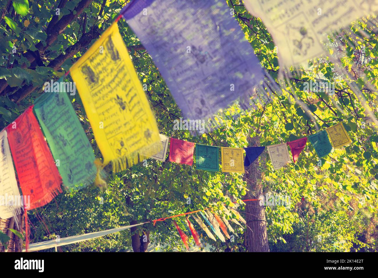 Colorful ,Buddhist Prayer Flags In A Garden Overgrown With Trees In ...