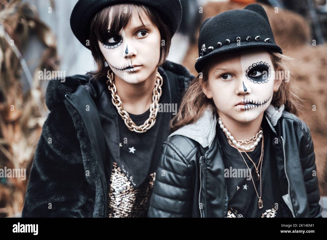 Beautiful scary little girl celebrating halloween. Terrifying black ...