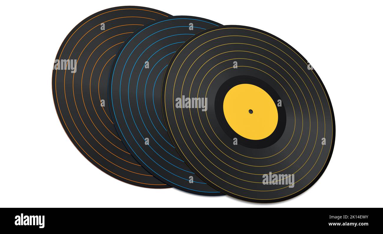 Set of vinyl LP records with label isolated on white background. 3d ...