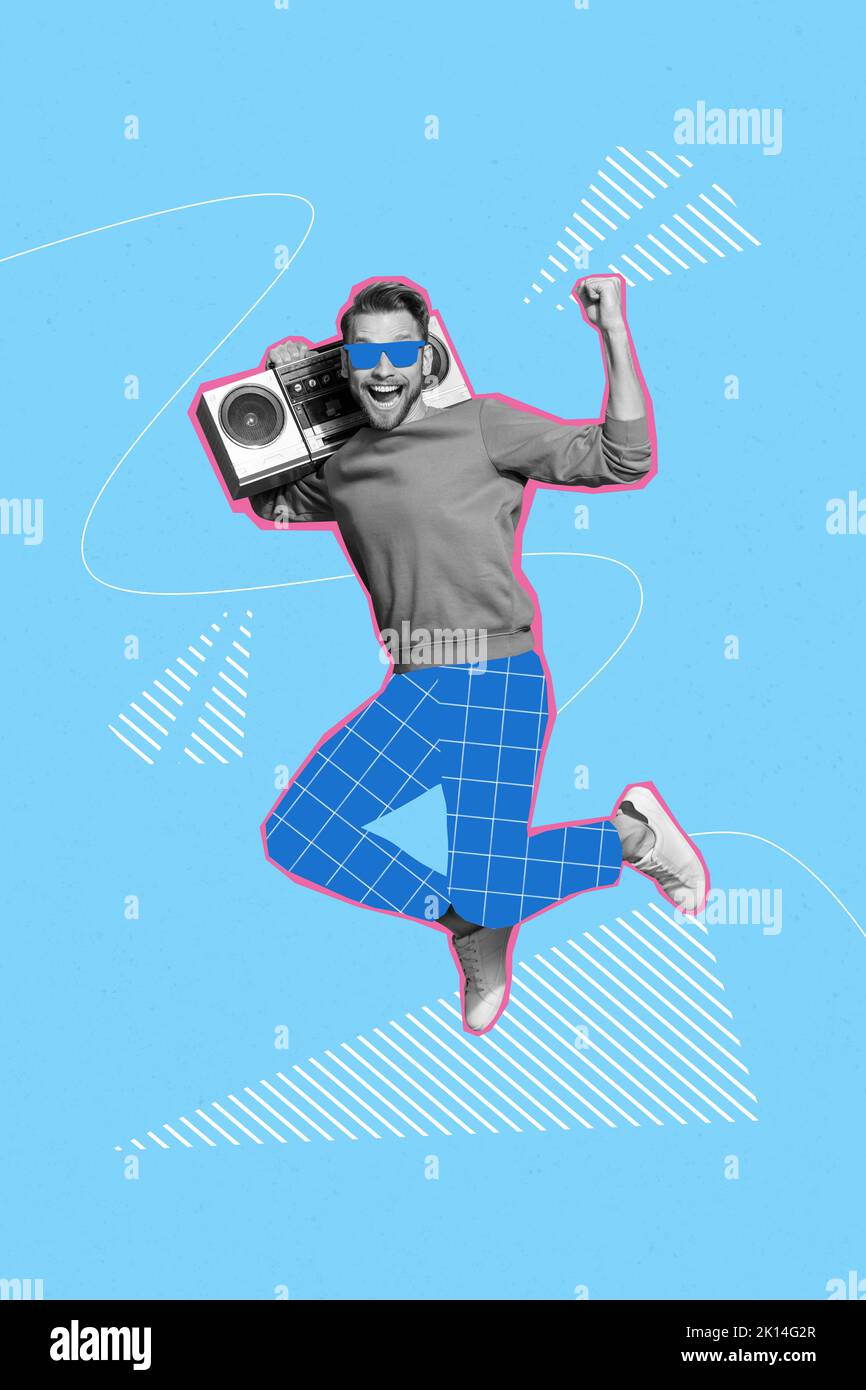 Creative photo 3d collage poster postcard of happy guy jump rejoice ...